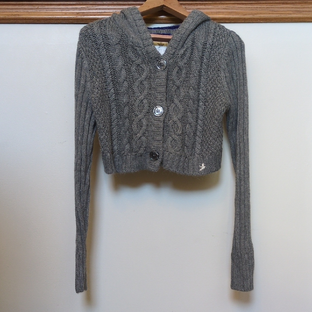 Y2K Aerie XL Hooded Caridgan Cropped Cable Knit Chunk… - Gem